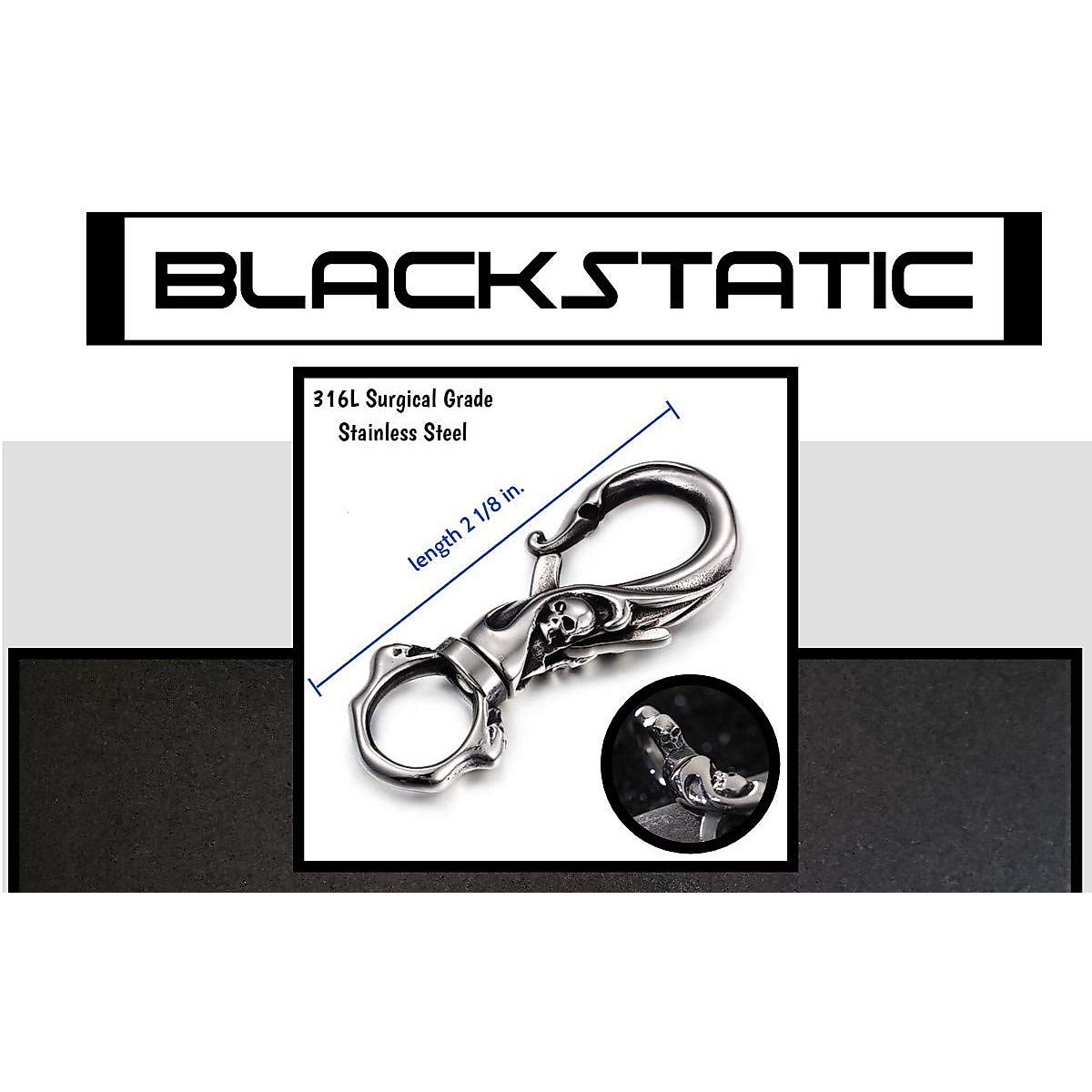 Birch & Bliss 316L Stainless Steel Swivel Skull Keychain | Keyring - Blackstatic Collection | Graduation & Fathers Day - Gifts For Men