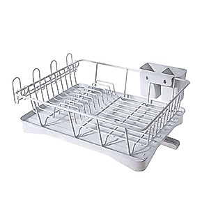 H-SPACE Dish Drying Rack, Space-Saving Dish Rack, Dish Racks for Kitchen Counter, Durable Metal Kitchen Drying Rack with a Cutlery Holder, Drying Rack for Dishes, Knives, Spoons, and Forks, White