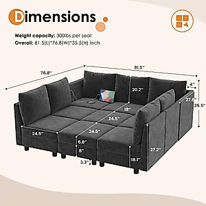YOUDENOVA Modular Sectional Sleeper Sofa Set, 9 Seats Sleeper Couch with Storage, Sectional Sofa Couch with USB Charging Port, Modern Comfy Chenille Couch for Living Room, Dark Grey