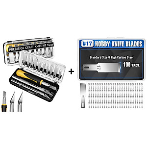 DIYSELF 16-Piece Craft Knife Set with 100 Pack Exacto Knife Blade Refills #17, SK5 Carbon Steel Exacto Blades Refill Craft Art Knife Replacement Blades for Hobby, Scrapbooking, Stencil