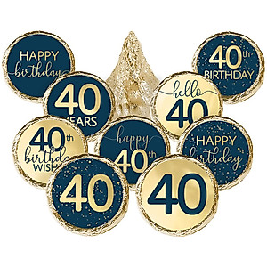 Navy Blue and Gold 40th Birthday Party Favor Chocolate Kisses Candy Stickers - 180 Count