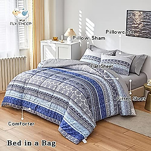 Flysheep Bohemian Striped Bed in a Bag 7 Pieces Queen Size, Boho Blue Grey Geometric Pattern Reversible Bed Comforter Set (1 Comforter, 1 Flat Sheet, 1 Fitted Sheet, 2 Pillow Shams, 2 Pillowcases)