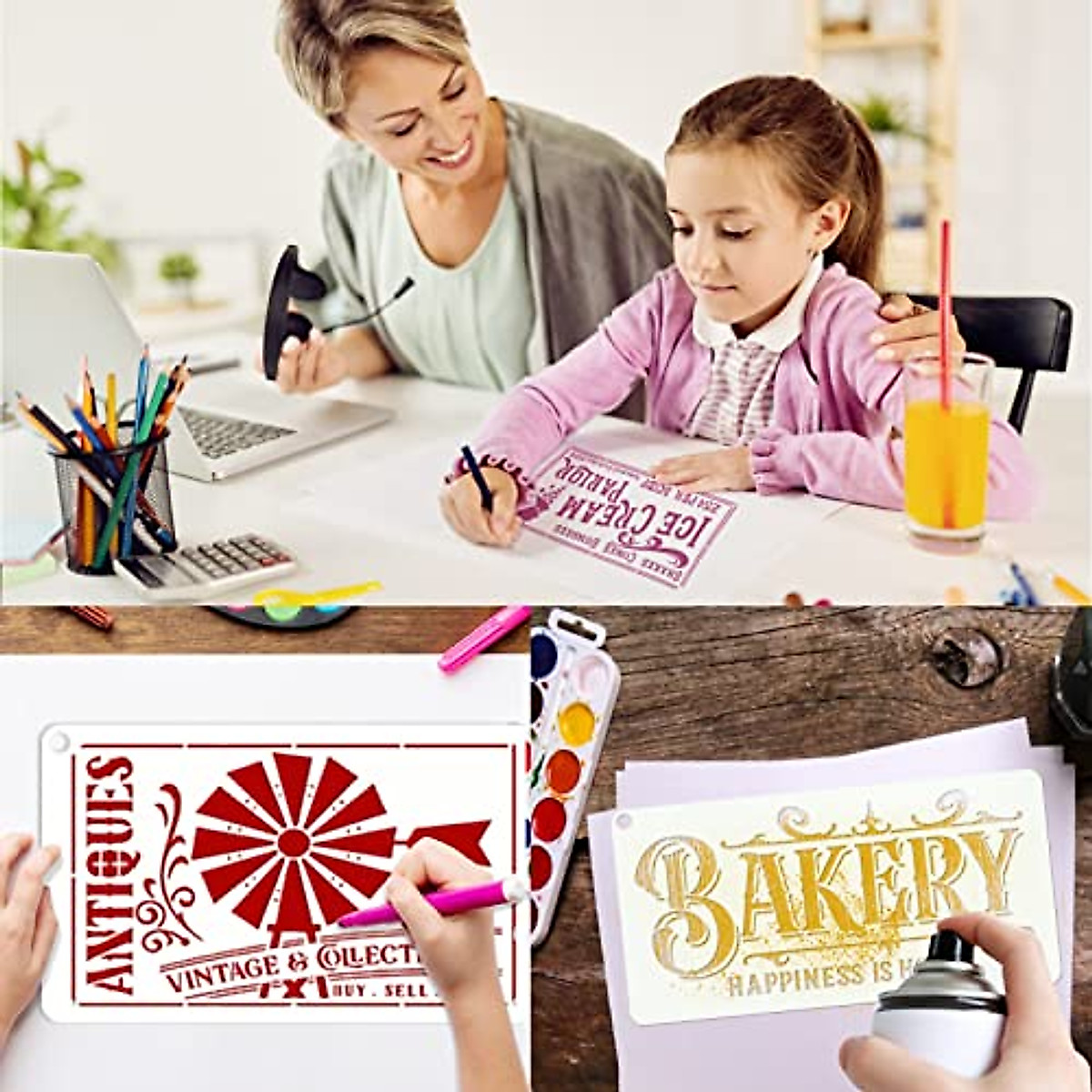 Farmhouse Stencils for Painting on Wood Kitchen Paint Stencils Flower Farm Vintage Sign Craft Stencils for Wood Burning Projects Reusable Wall Fabric Canvas (16 Farmhouse)