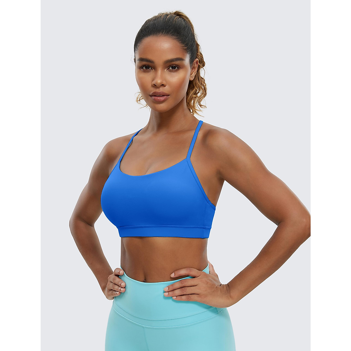 CRZ YOGA Butterluxe Womens Y Back Sports Bra - Padded Racerback Low Impact Spaghetti Thin Strap Workout Yoga Top Sparkle Blue Medium