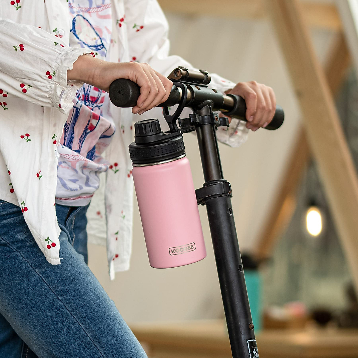 koodee Water Bottle 2 Pack 12 oz Stainless Steel Vacuum Insulated Wide Mouth Sports Water Bottle with Leakproof Spout Lid (Canyon Red-Black)