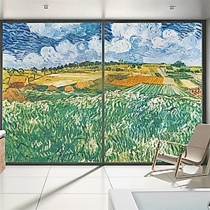 Window Privacy Film Opaque Window Stickers European Style Stained Glass Film Art Village Oil Painting Pattern Frosted Window Stickers PVC Static Cling Privacy Film Decor Glass Window Decals (Color :