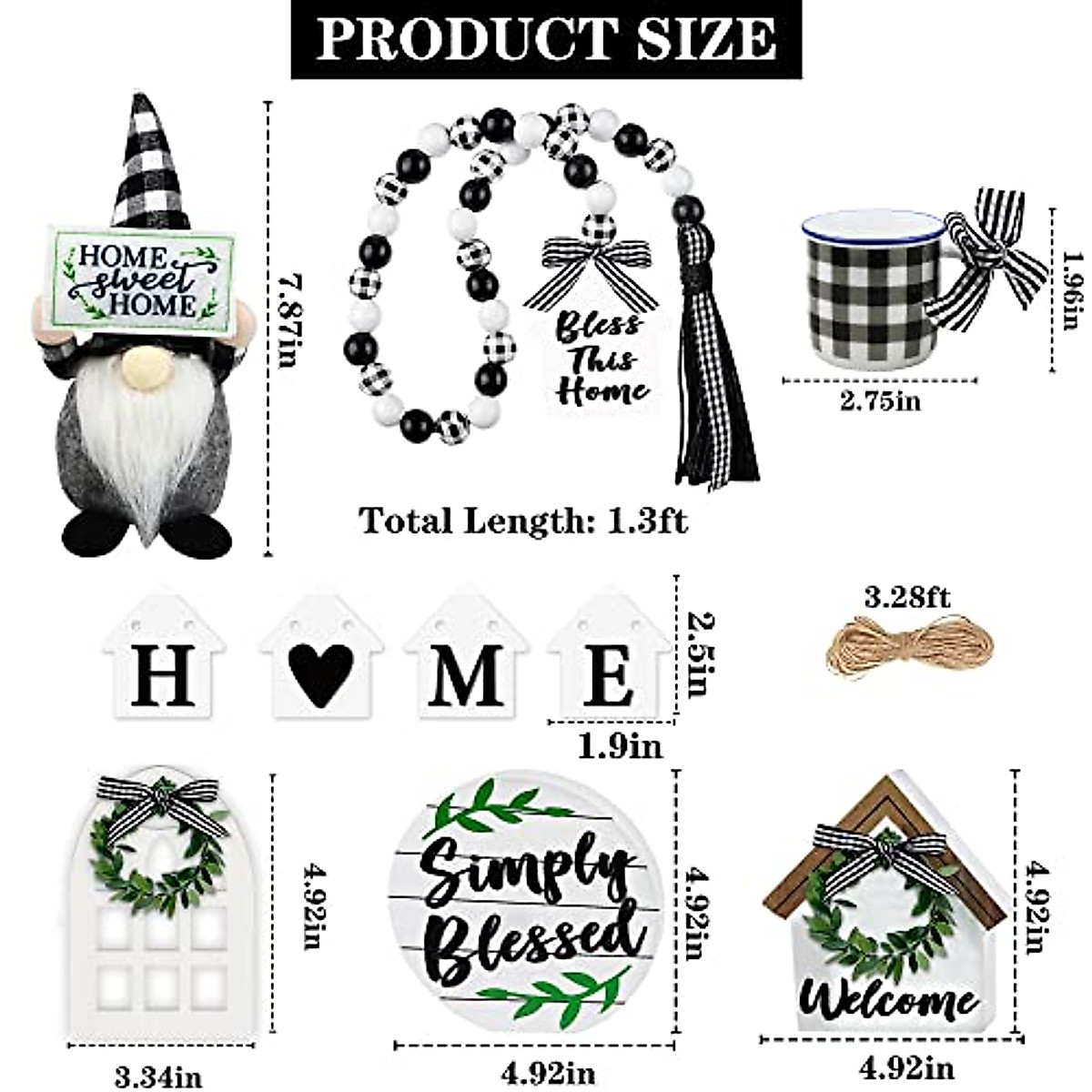 10 PCS Rustic Farmhouse Home Tiered Tray Decor, Farmhouse Wooden Table Signs Black White Buffalo Plaid Kitchen Decoration Set, Lighted Gnome Plush Home Sweet Home Decor Signs Housewarming Gifts