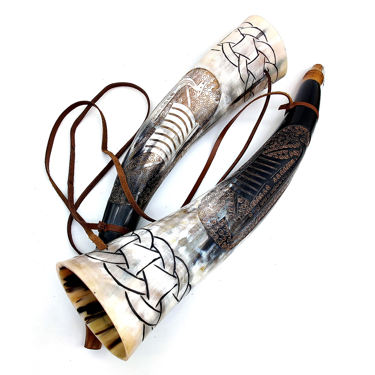 Viking War Horn - 16" Genuine Ox-Horn Battle Trumpet - Premium Hand Engraved BOAT Horn Viking Norse Cattle Ancient Horn Bugle Hunting Tool BATTLE HORN BLOWING HORN VIKING BUGLE HORN With Wooden Stand