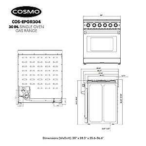 COSMO COS-EPGR304 Slide-in Freestanding Gas Range with 5 Sealed Burners, Cast Iron Grates, 4.5 cu. ft. Capacity Convection Oven, 30 inch, Stainless Steel