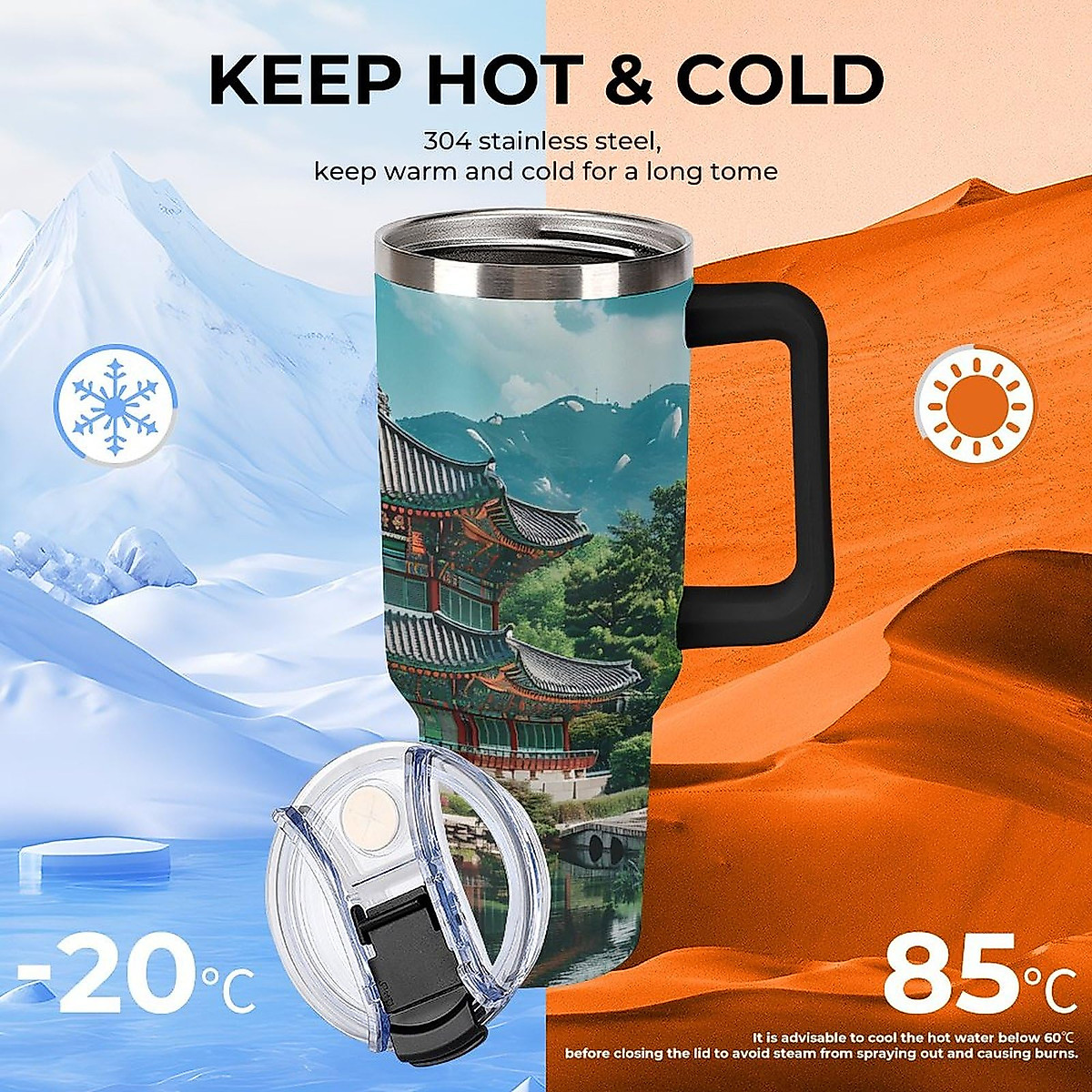 Korean Architecture Palace of Koreas Insulated Tumbler with Handle Stainless Steel Travel Coffee Mug with Lid And Straw 40oz