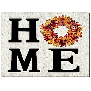 OComster Thanksgiving Rectangle Shape Large Area Rugs - 5 x 7 Feet Fall Pumpkin Maple Leaves Wreath Home Wooden - (Non-Woven + Rubber) Low File Floor Mat