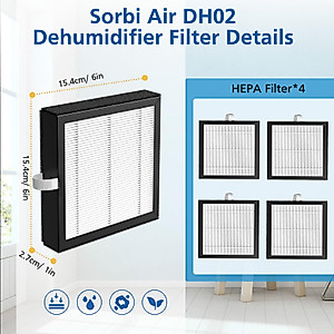 4 Pack DH02 H13 True HEPA Replacement Filter Compatible with Tenergy Sorbi DH02 2 in 1 Dehumidifier(1000ML)/Air Purifier, Afloia AQ8 Q8/ Honati/Hysure Q7 Air Purifier
