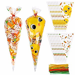 SULOLI 100Pcs Easter Cone Cellophane Treat Bags, 6.7x11.8 Inch Triangle Goody Bags with 120 PCS Twist Ties 3 Mix Colors for Easter Candy Popcorn Handmade Cookies
