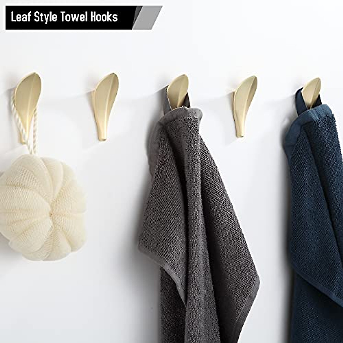 BGL Bath Towel Hooks Brushed Gold Pack of 5 Coat Hooks Wall Mount Leaves Design Heavy Duty Wall Hooks for Bathroom Kitchen Hallway Storage & Decoration