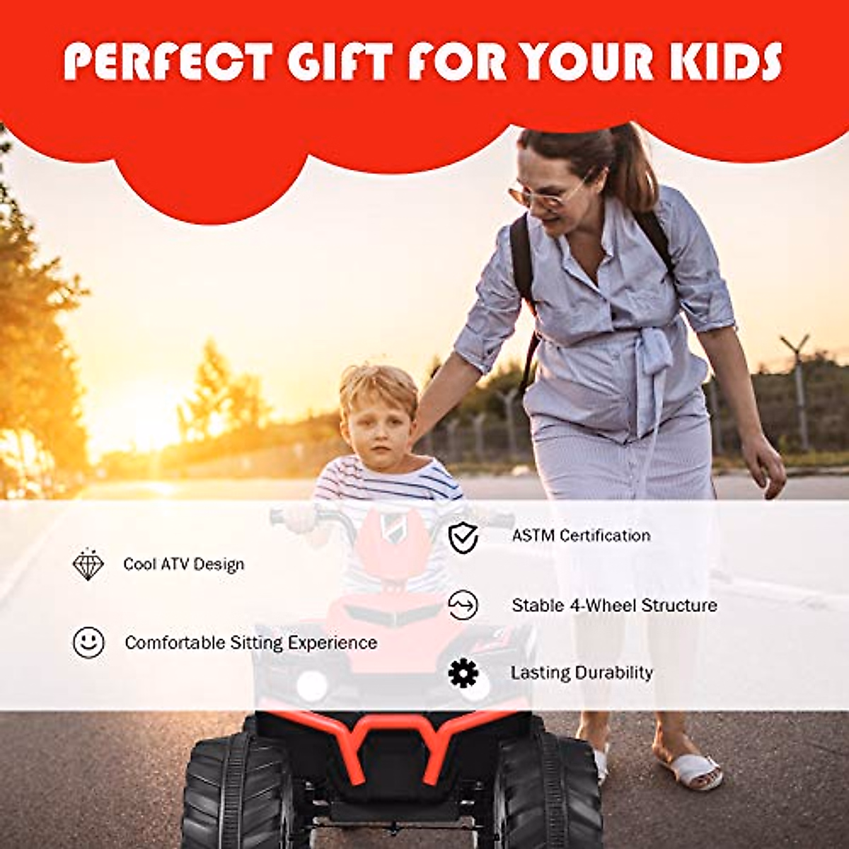 Costzon Kids ATV, 12V Battery Powered Electric Vehicle w/LED Lights, High & Low Speed, Horn, Music, USB, Treaded Tires, Ride on Car 4 Wheeler Quad for Boys & Girls Gift, Ride on ATV (Red)
