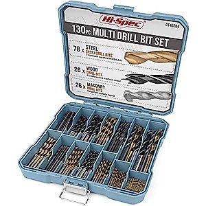 Hi-Spec 130pc Multi SAE Drill Bit Set. 11 Sizes 1/16in to 3/8in. Metal, Wood, Plastic, Dryall, Brick & Concrete Drilling. HSS Titanium, Masonry & Brad Point Steel Bits All in a Tray Case