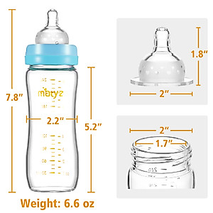 Matyz Glass Breastmilk Baby Feeding Bottle with Nipple, 2 Pack, 8 oz Slim and Light Bottle Easy to Hold, Food Grade Borosilicate Glass, Wide Neck Easy to Clean, BPA Free (Blue Lids)