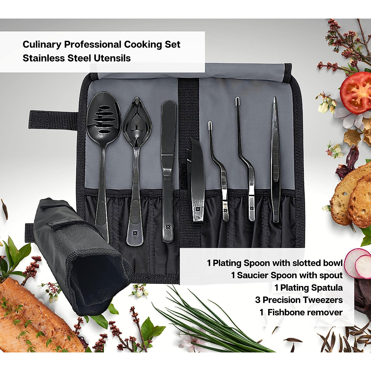 DOJA Barcelona | Chef Plating tools culinary set | BLACK | 7 Professional cooking Utensils | 3 kitchen tweezers Drawing Pencil Spoon Fish tongs Spatula Slotted spoon | Modernist cuisine food art