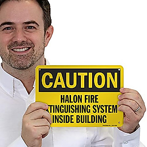 SmartSign 7 x 10 inch “Caution - Halon Fire Extinguishing System Inside Building” OSHA Sign, Digital Printing, 55 mil HDPE Plastic, Black and Yellow