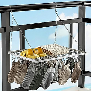 WudTus Clothes Drying Rack with Basket,18 Clips Stainless Steel Laundry Drying Rack Sock Hanger,Windproof Clothes Rack for Drying Socks,Bras,Shoes,Towel,Hat,Scarf