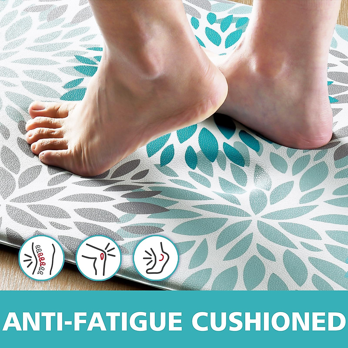 FRAMICS Boho Kitchen Rugs Sets of 2 Bohemian Teal Kitchen Rugs Non Slip Washable PVC Waterproof Kitchen Floor Mat Cushioned Anti Fatigue Kitchen Mats for Floor, 17" x 30" + 17" x 47"