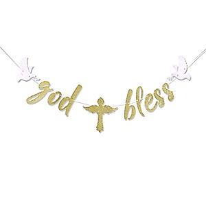 YESSWL God Bless Banner - Golden Glitter Boy/girl Baptism Banner, God Bless Banner Baptism, First Holy Communion Baby Shower Banner Party Decorations, Baby Baptism Shower