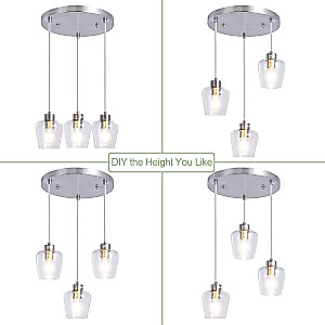 TeHenoo 3-Light Pendant Lighting, Clear Glass,Adjustable Cord,Brushed Nickel Pendant Light Fixtures for Kitchen,Dining Room,Bar