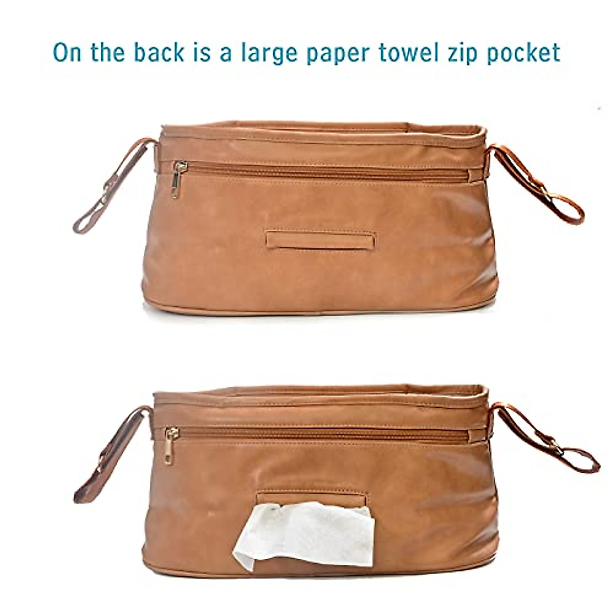 KZNI Leather Baby Stroller Organizer with Insulated Cup Holders,Diaper Storage Secure Straps Pockets for Phone Compact Design Fit All Strollers(brown)