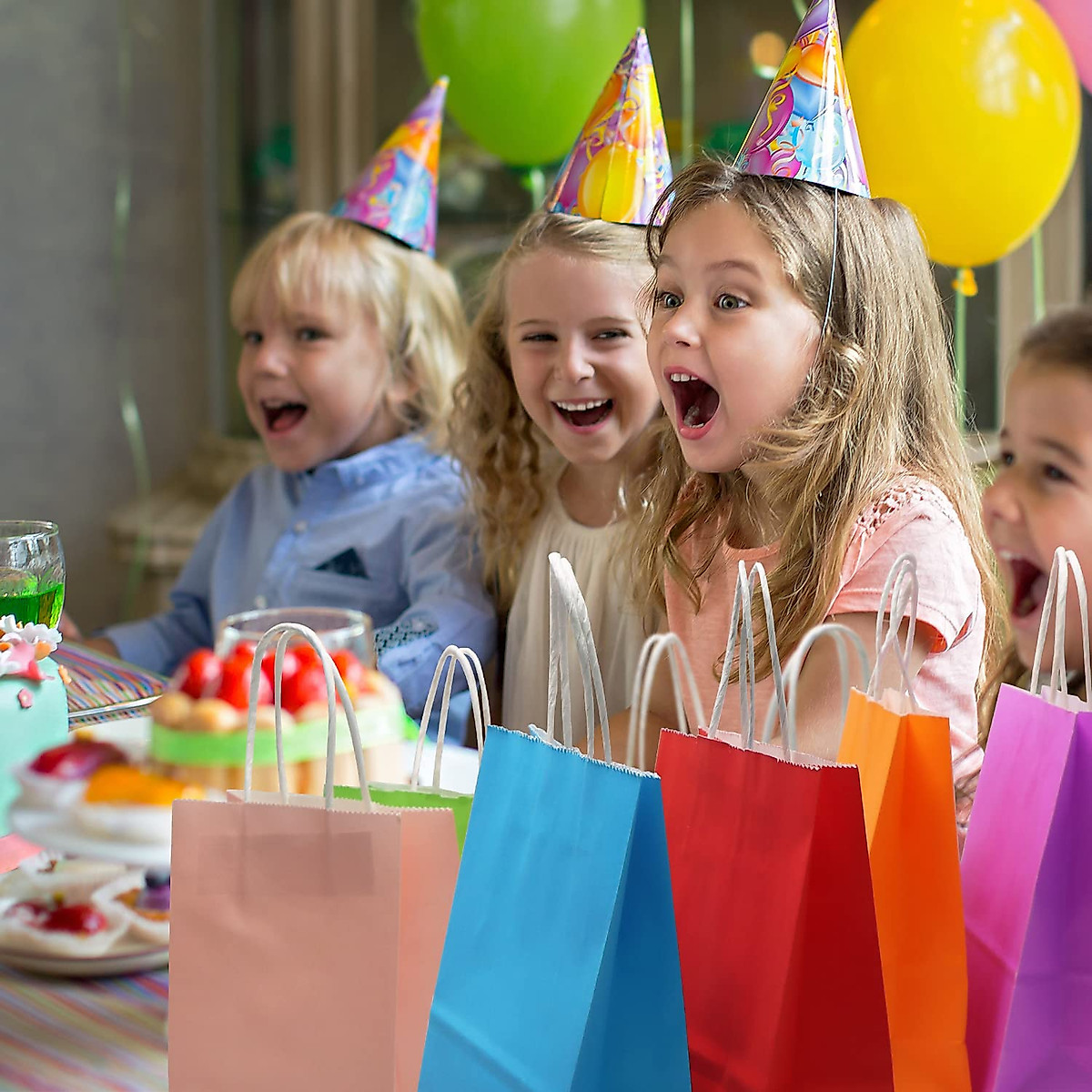 OWill 48 pcs Gift Bags, 8 Colors Party Favor Bags，Goodie Bags with Handles for Kids Birthday, Wedding, Party Supplies -5.9×3.2×8.3 inches