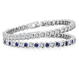 Gem Stone King 2 Piece Round White Cubic Zirconia and Simulated Blue Sapphire Set of 2 Tennis Bracelets for Women 4.50 Ct Each, 7 Inch Length