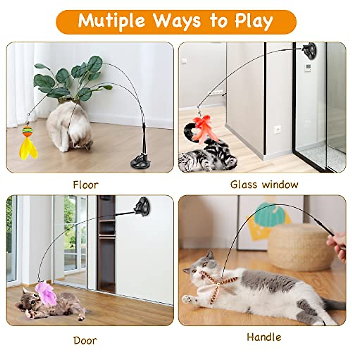 HOSFROLL Cat Toys Wand, Interactive Cat Toy with Super Suction Cup Sticky Detachable 12 PCS Feather Replacements 2 Wands Cat Spring Feather Toys for Indoor Cats Kitten Toys (8 Toys Double Headed)