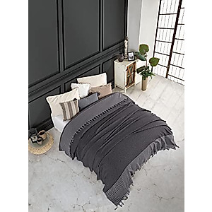 Wellstil Aria | Turkish Throw Blankets - 80 x 100 inches,0 Cotton Blankets Queen Size - Boho Throw Blanket for Couch, Sofa, Bed - Farmhouse Throw Blanket with Tassels (Black)