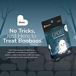 BioSwiss Bandages, Halloween Ghost Shaped Self Adhesive Bandage, Latex Free Sterile Wound Care, Fun First Aid Kit Supplies for Kids, 24 Count