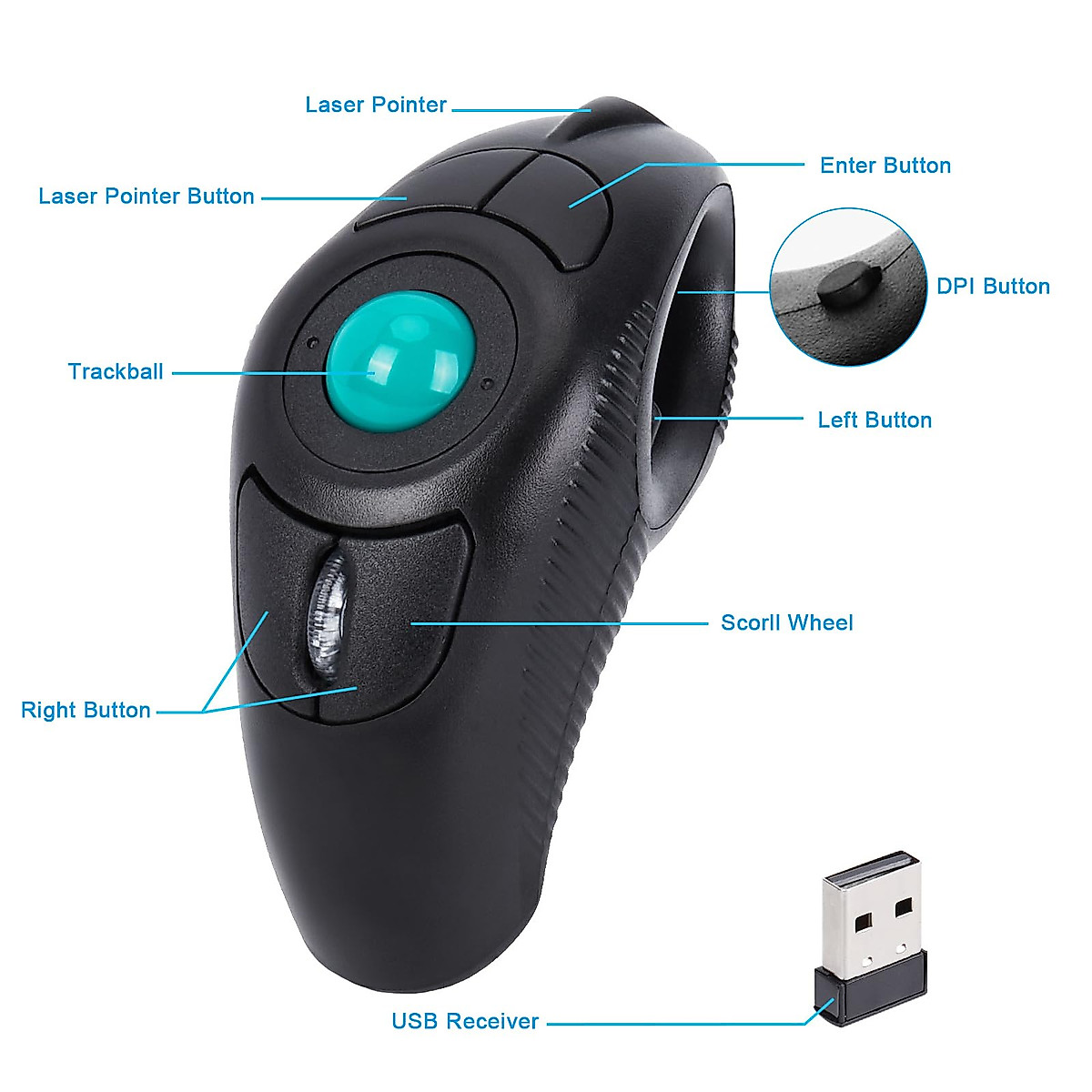 welspo Wireless USB Handheld Finger Trackball Mouse with Laser Pointer