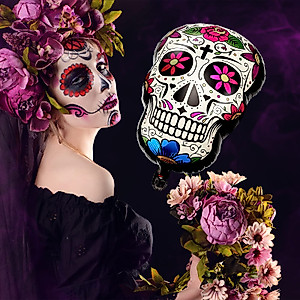 Zomiboo 6 Pieces Day of The Dead Sugar Skull Party Balloons Halloween Skull Balloons Halloween Decoration Balloons for Halloween Sugar Skull Party Decoration, 6 Styles