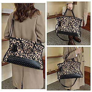 Mn&Sue Punk Motorcycle Rivet Studded Tassel Leather Women Handbags Top Handle Satchel Shoulder Tote Bag (Leopard-Black)