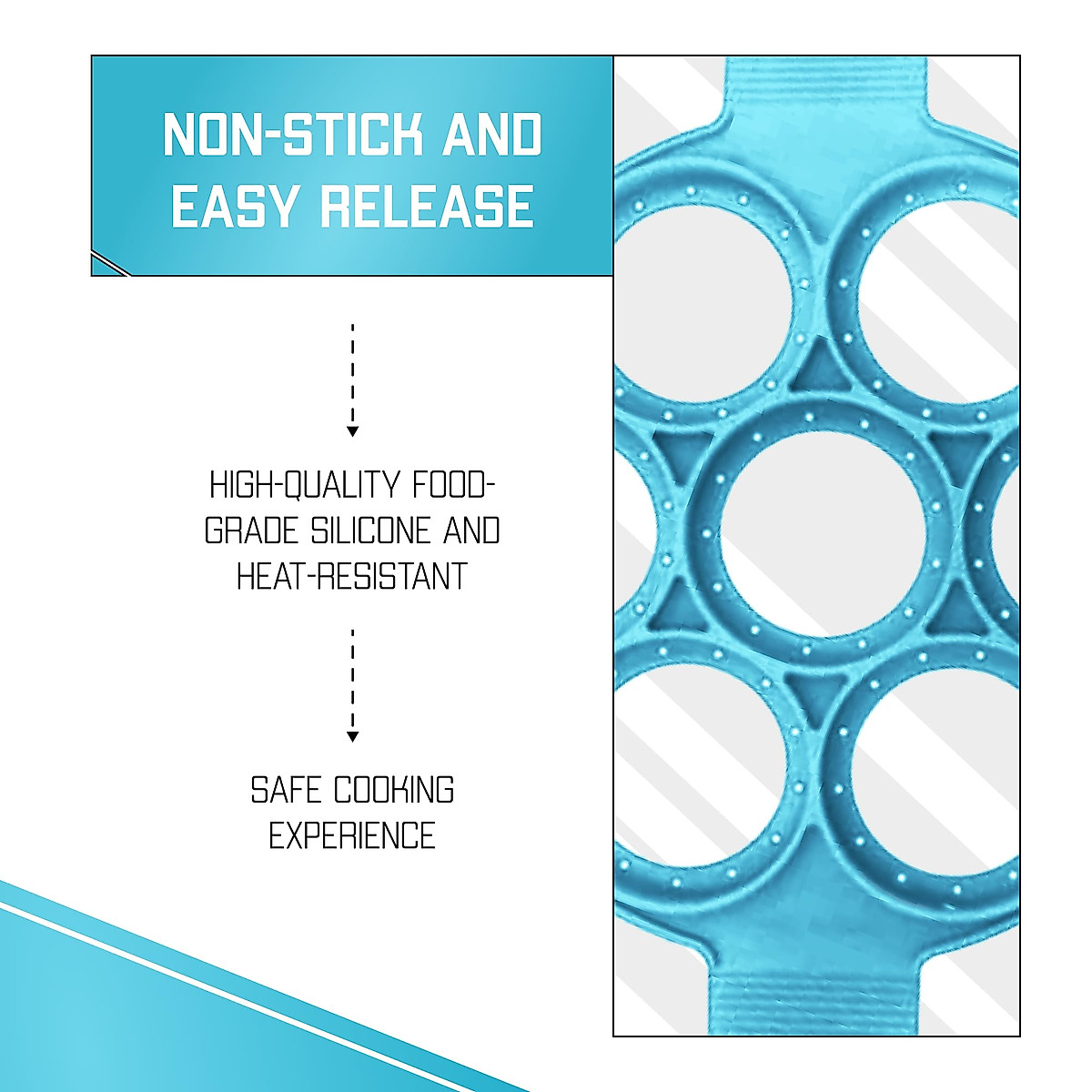 BIOPRONEXT Non Stick Pancake Maker - 7 Circles Mini Pancake Mold - Silicone Pancake Mold - Silicone Egg Rings for Griddle with Handles - Pancake Molds for Griddle Frying Eggs - Blue