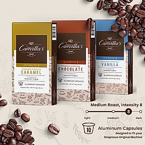 Camilla's Heritage Coffee, Espresso Capsules, 60 Flavored Coffee Pods, Medium Roast, Intensity 8, Single Cup Aluminum Coffee Cups, Nespresso Compatible Machine, Brews 1.35oz