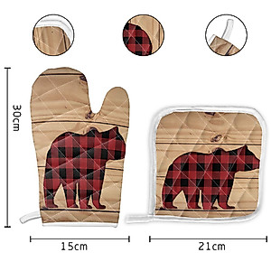 Kitchen Oven Mitts and Potholders Set, Buffalo Check Plaid Bear Wood Rustic Heat Resistant Padded Cooking Gloves&Pot Holder Non-Slip for BBQ Baking Grilling, Red Black
