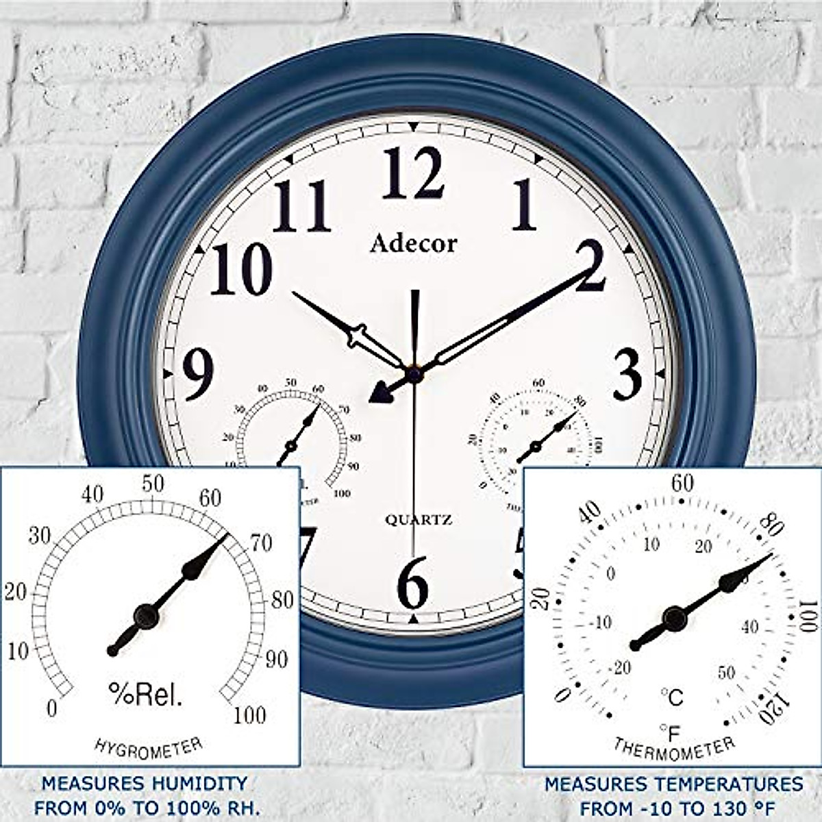 Outdoor Clocks with Thermometer and Hygrometer Combo, Waterproof Metal Wall Clock, Large Display Silent Non Ticking Battery Operated Clock for Garden/Patio/Pool/Lanai/Fence (18 Inch, Navy Blue)