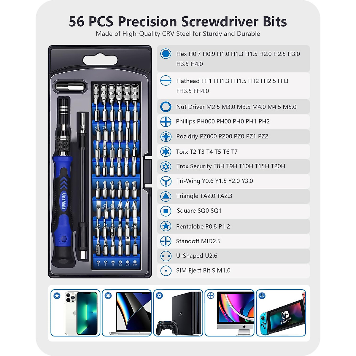 UnaMela Electronics Precision Screwdriver Set: 61 in 1 Small Magnetic Repair Tool Kit Mini Screw Driver with Case for Computer, Laptop, PC, iPhone, Xbox, PS4/5, Controller, Gamer Tech Gifts for Men