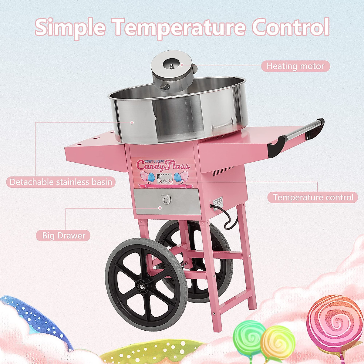 Garvee Extra Large Cotton Candy Cart -Commercial Cotton Candy Machine,Electric Cotton Candy Floss Maker with Drawer,20 inch Stainless Steel Bowl Perfect for Commercial Use Home Party Carnival,21x21x18