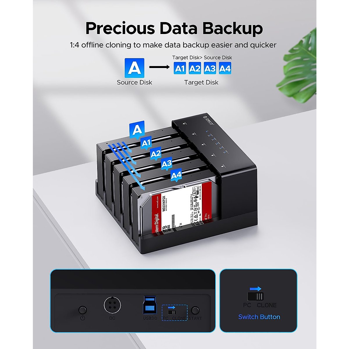 ORICO 5-Bay Hard Drive Docking Station with Offline Cloning - SATA to USB 3.0 HDD Dock for 3.5" Drives, Expandable Storage up to 90TB, Includes 12V/6.5A Power Adapter, Black (6558US3-C)