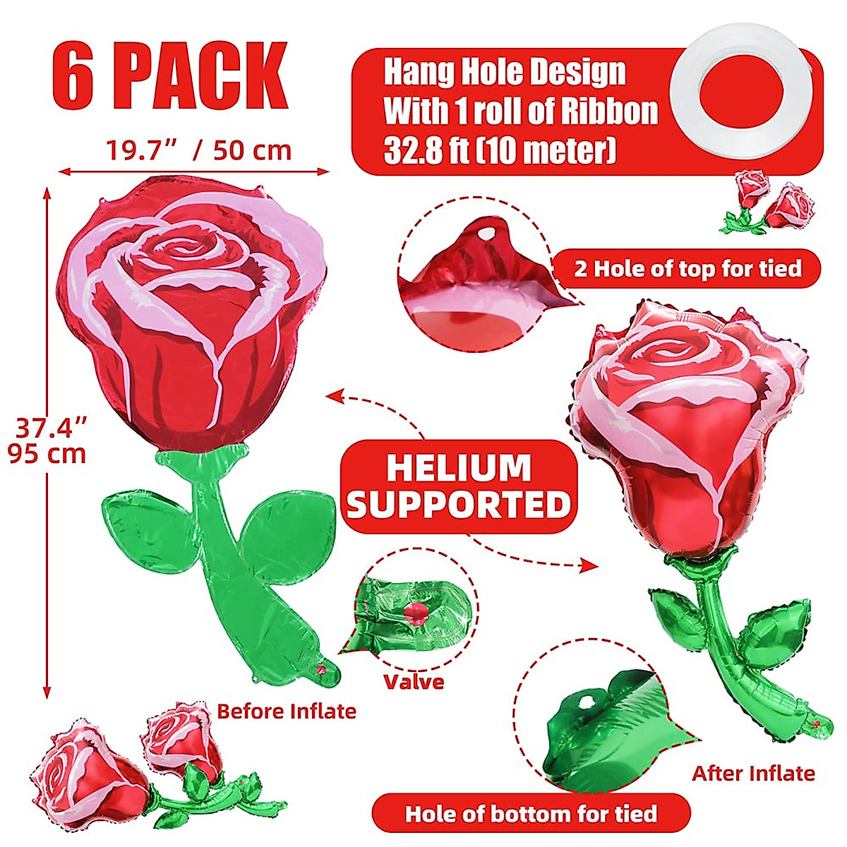 37'' Red Rose Balloons Romantic Decorations Special Night for Valentines Day Anniversary Bridal Wedding Baby Shower Graduation Birthday Party Supplies, 6 Pack Flower Shaped Rose Mylar Foil Balloons