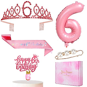 Llivseet 6th Pink Birthday Decorations Girl Includes Birthday Sash and Tiara Crown for Girls,Number Balloon & Candle,Birthday Cake Topper, 6 Year Old Girl Birthday Gifts Ideas Party Favor Supplies
