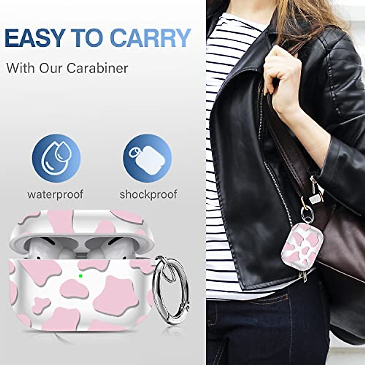 AirPods Pro Case Cover - Valkit Cute Milk Cow Pattern Soft TPU Protective Case Skin Portable & Shockproof Men Women Girls with Keychain for Apple Airpods Pro Charging Case (Hollow Pink Cow Pattern)