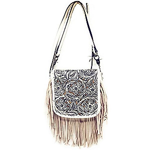 Texas West Western Genuine Leather Cowgirl Crossbody Messenger Fringe Laser Cut Purse Bag in 5 colors (White/Beige)