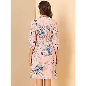 Allegra K Women's Floral Tie Neck 3/4 Sleeve Office Work Midi Flowy Flare Dress Large Pink