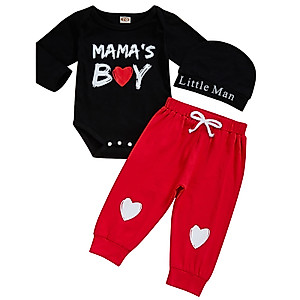 GRNSHTS Newborn Baby Boy Valentine's Day Outfits Mama's Boy Long Sleeve Romper+Love Pants+Hat 3Pcs Clothes (Black, 3-6 Months)
