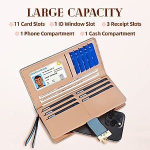 Sweet Cute Chocolate Women's Long Leaf Bifold Wallet Leather Card Holder Purse Zipper Buckle Elegant Clutch Wallet Handbag for Women-Blue